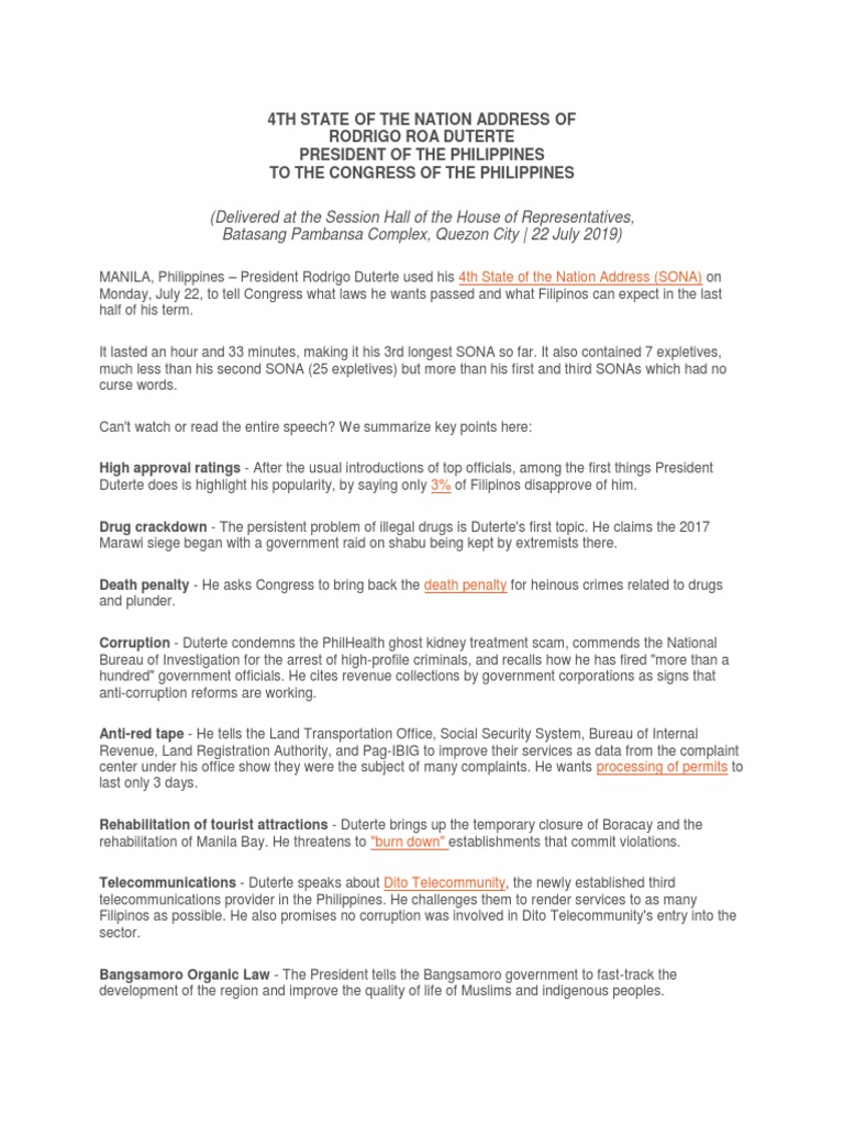 Duterte's 4th SONA Highlights | PDF | Rodrigo Duterte | Metro Manila
