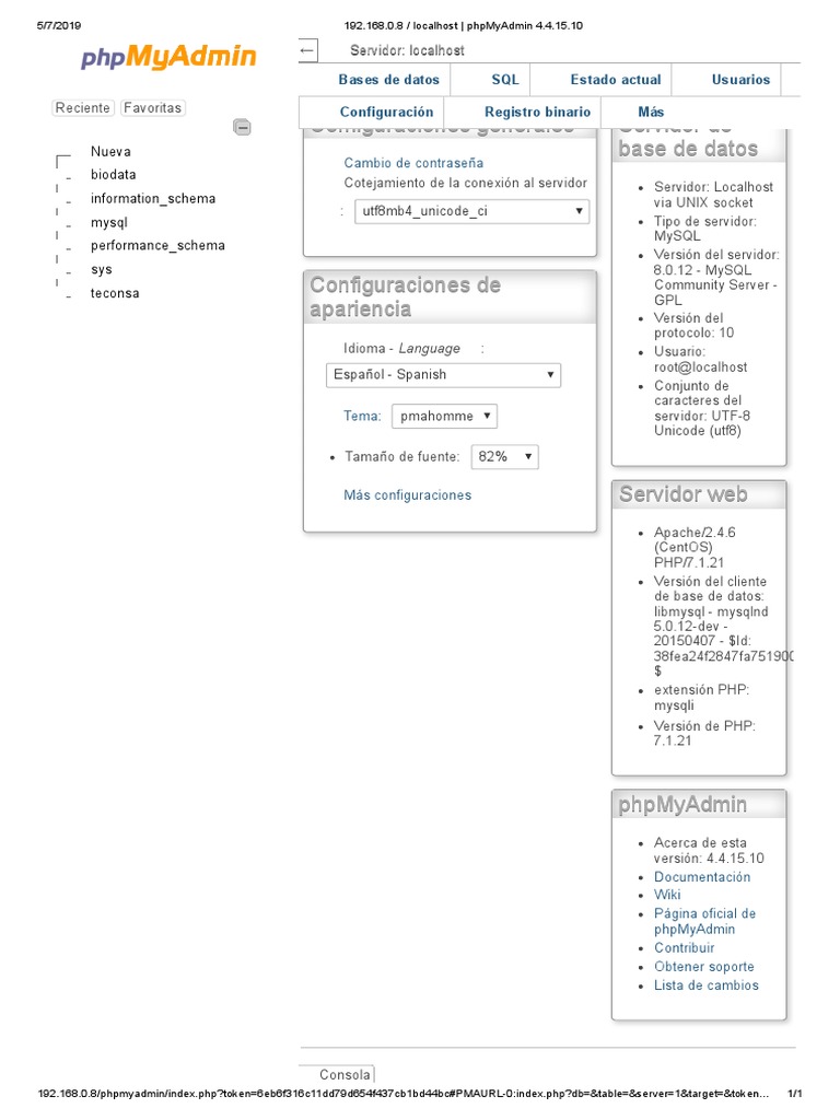 Configuración y estado actual de phpMyAdmin en un servidor local | PDF | Php | Servidor web
