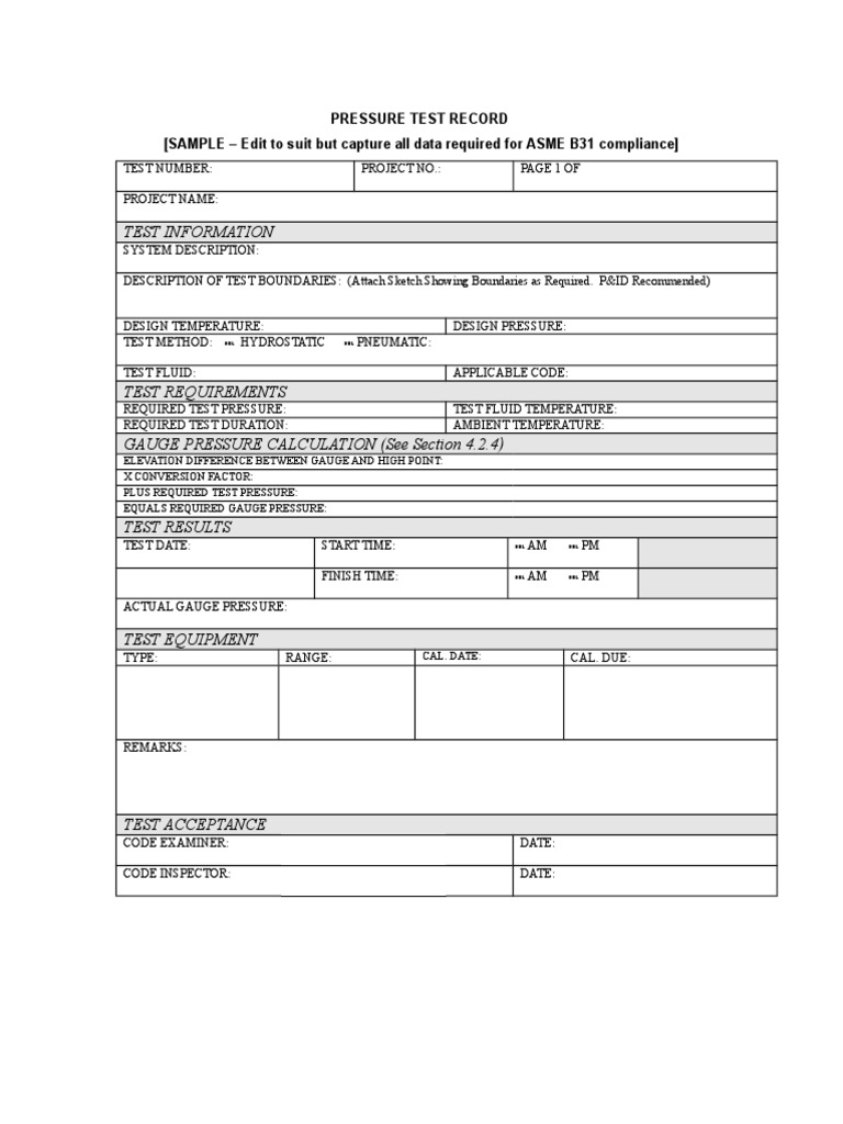 Pressure Test Sample Form R2 | PDF