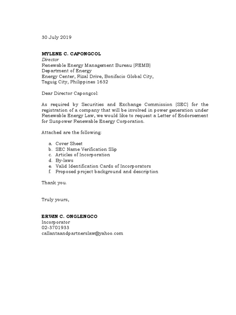 DOE Endorsement of SEC Registration | PDF