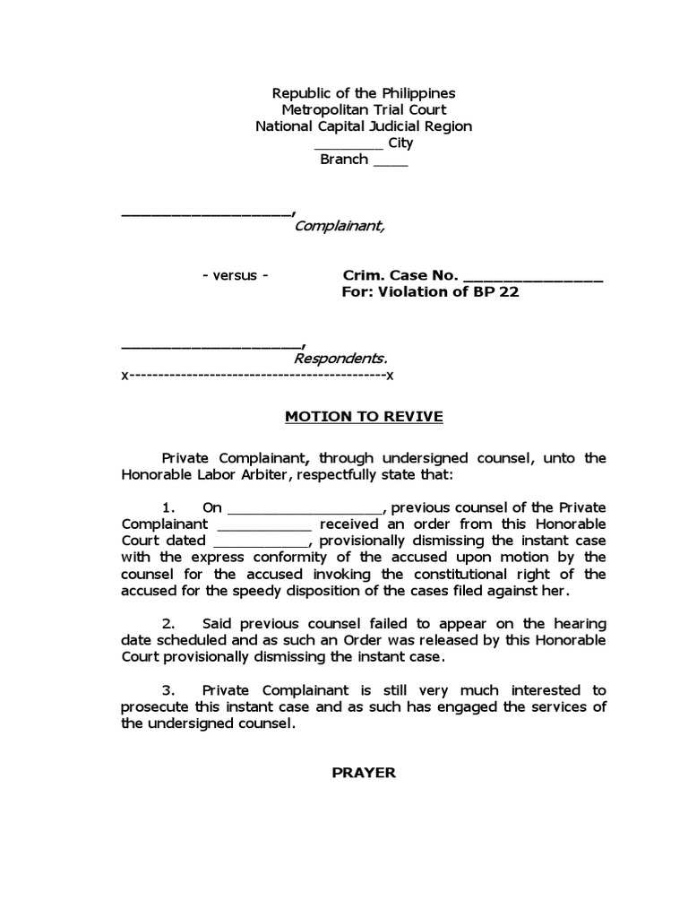 Motion To Revive (Sample) | PDF