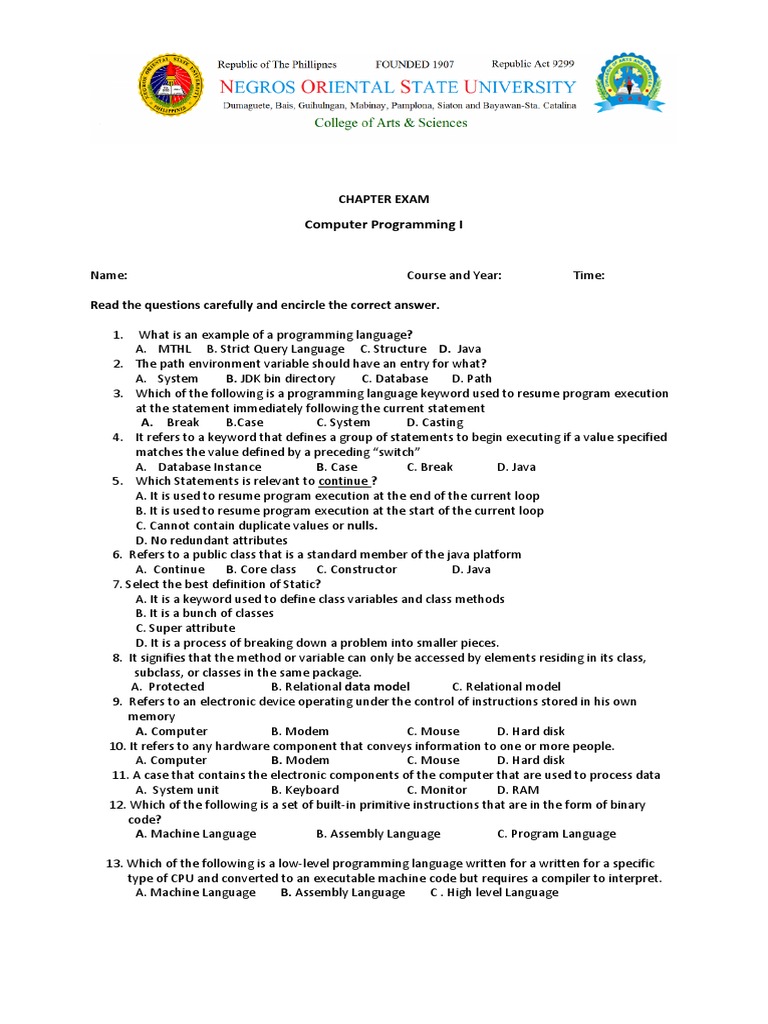 Software Engineering Chapter Exam | PDF | Programming Language ...