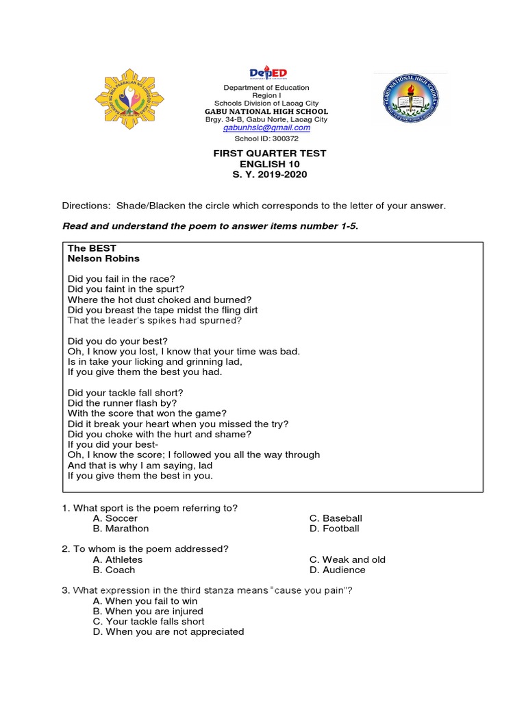 First Quarter Test English 10 S. Y. 2019-2020: Read and Understand The ...