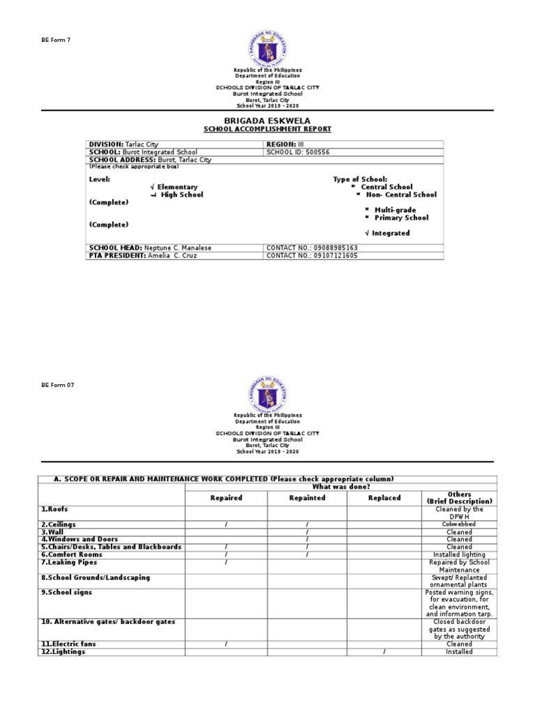 Be Form 7 - School Accomplishment Report | PDF | Nature