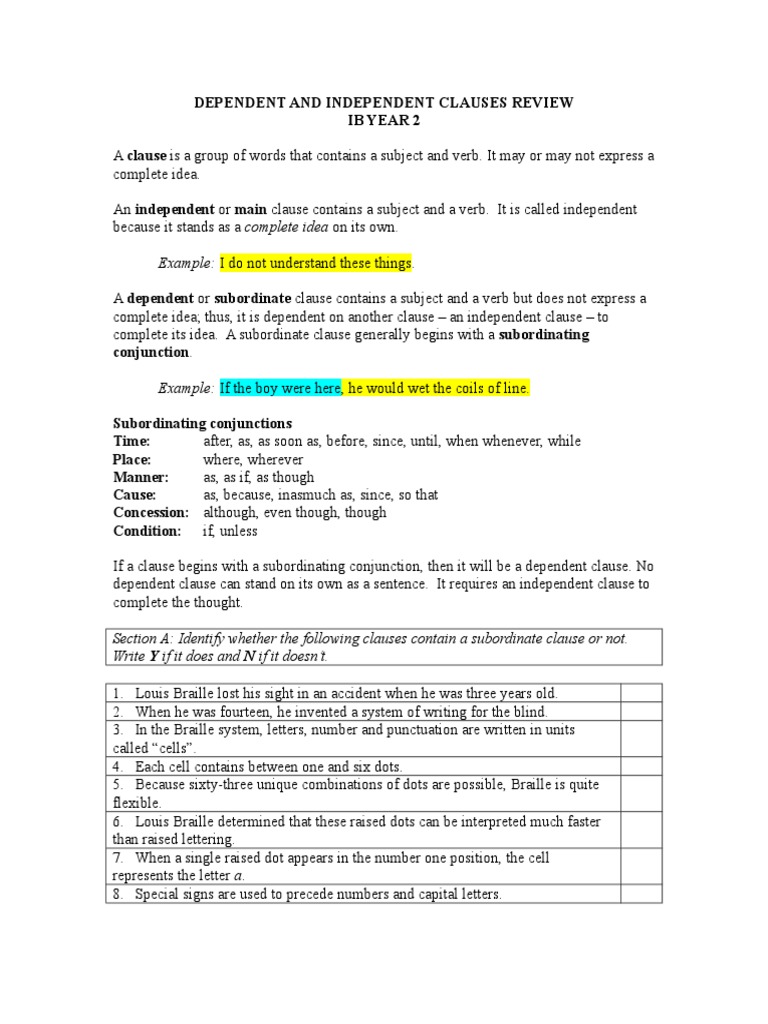 DEPENDENT AND INDEPENDENT CLAUSES Worksheet | PDF | Clause | Linguistic ...