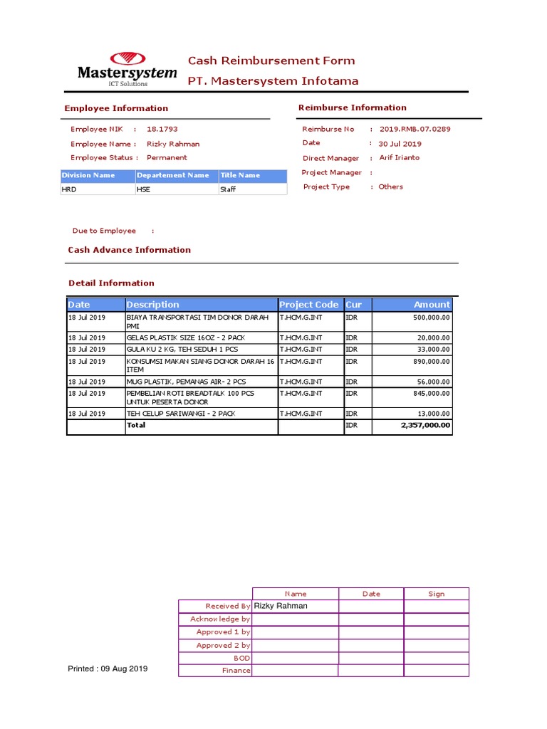 Cash Reimbursement Form: Employee Information Reimburse Information | PDF