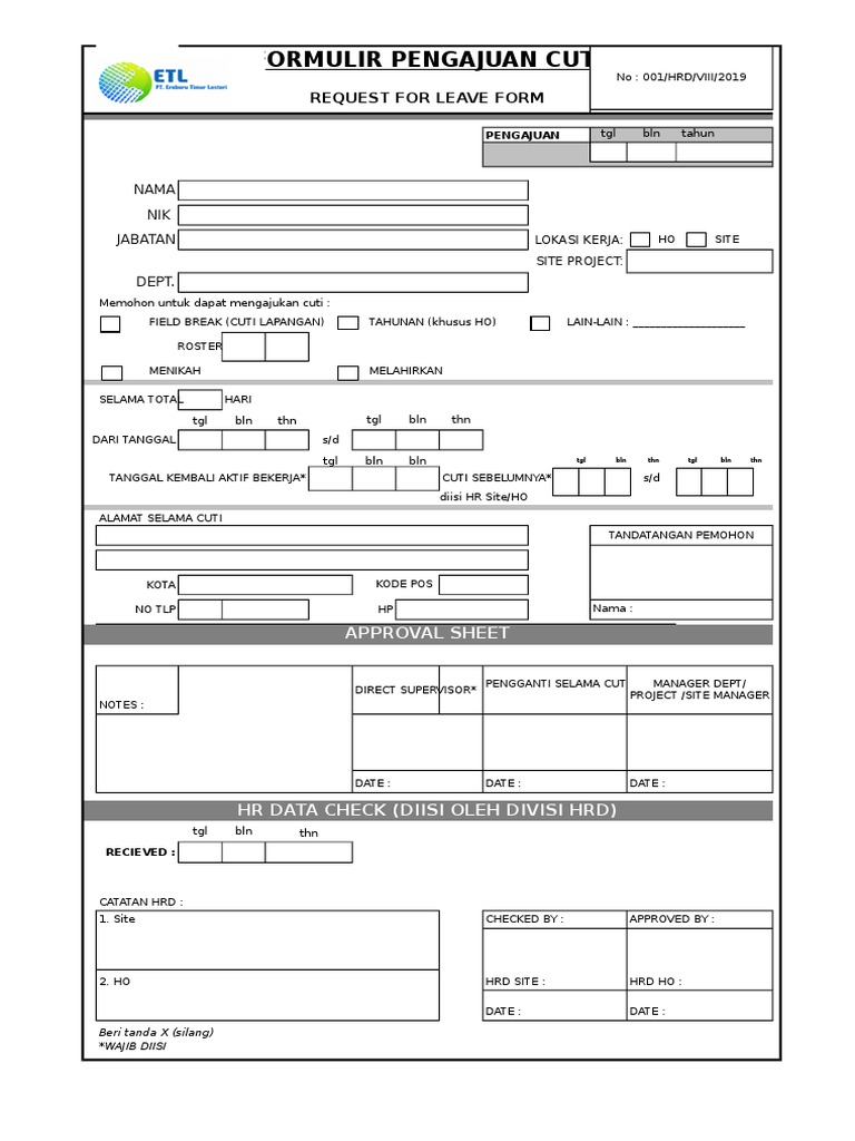 Form Permohonan Cuti (RFL) - Rev | PDF