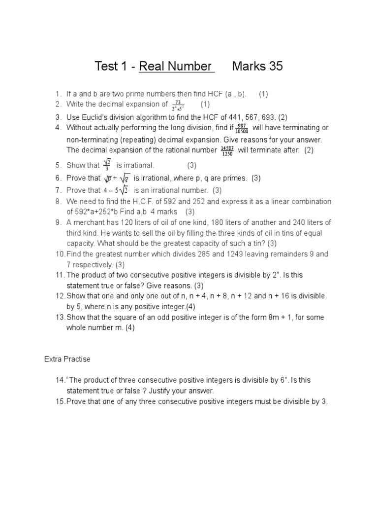 Maths Test 1 Real Number | PDF | Teaching Methods & Materials