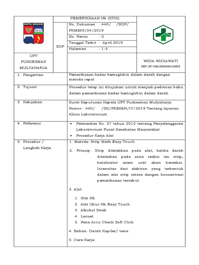 Sop Pemeriksaan HB (Stik) | PDF