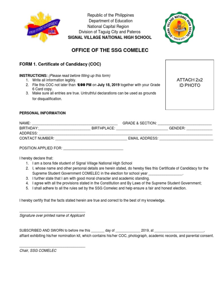 Student Council Certificate of Candidacy | PDF | Public Law | Virtue