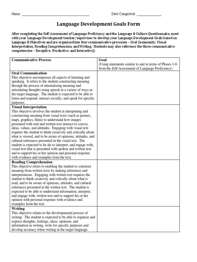 Language Development Goals Form: Communicative Process Goal | PDF ...
