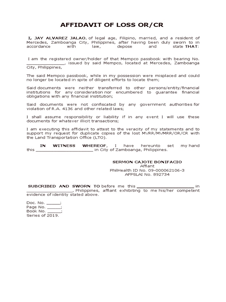 Affidavit of Loss or CR | PDF