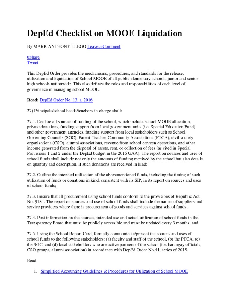 DepEd Checklist on MOOE Liquidation.docx | Receipt | Business | Free 30 ...