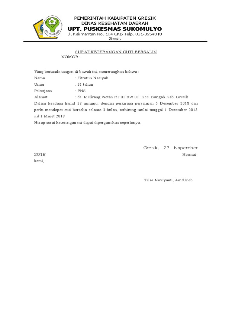 Surat Keterangan Cuti Melahirkan | PDF