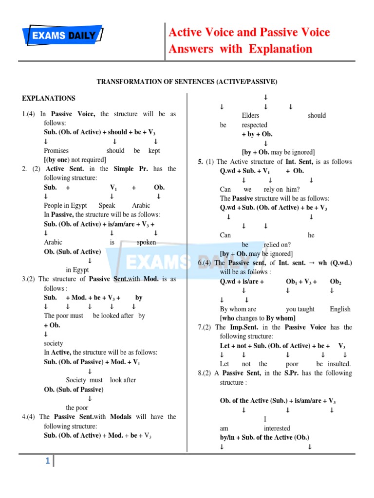 Active Voice and Passive Voice Answer With Explanations | PDF | Subject ...