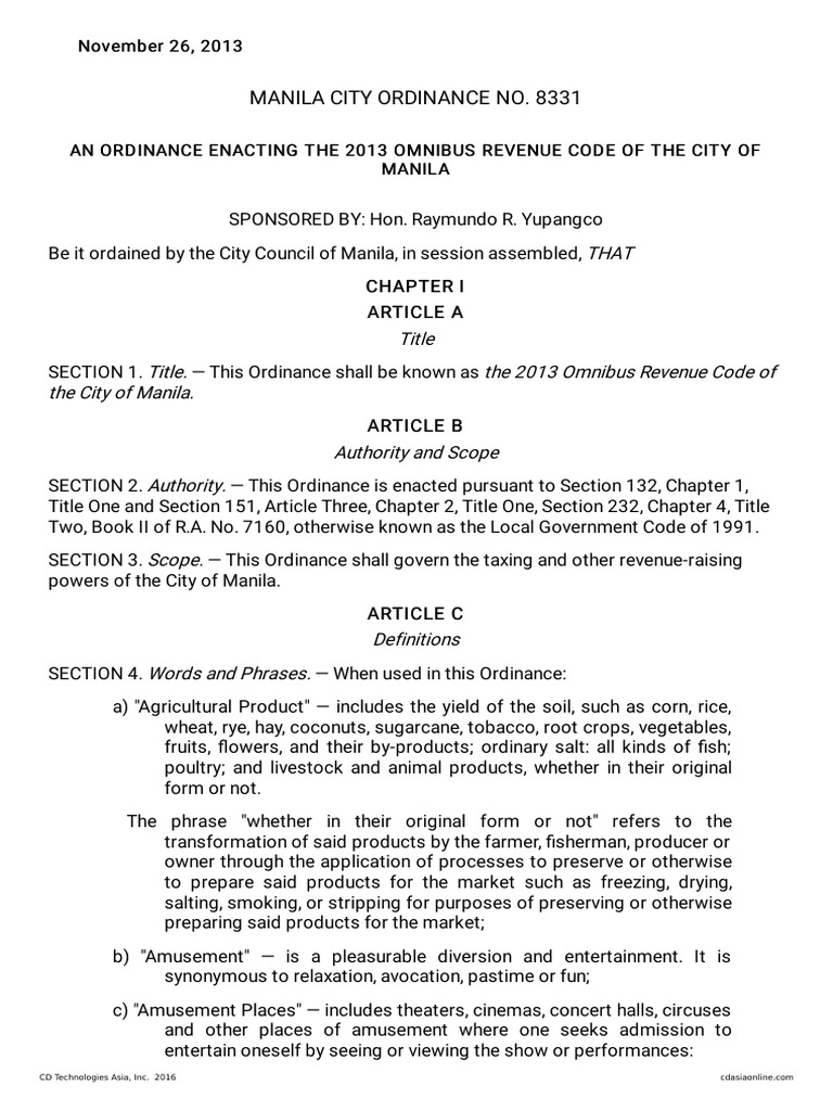 Manila City Ordinance No. 8331: November 26, 2013 November 26, 2013 ...