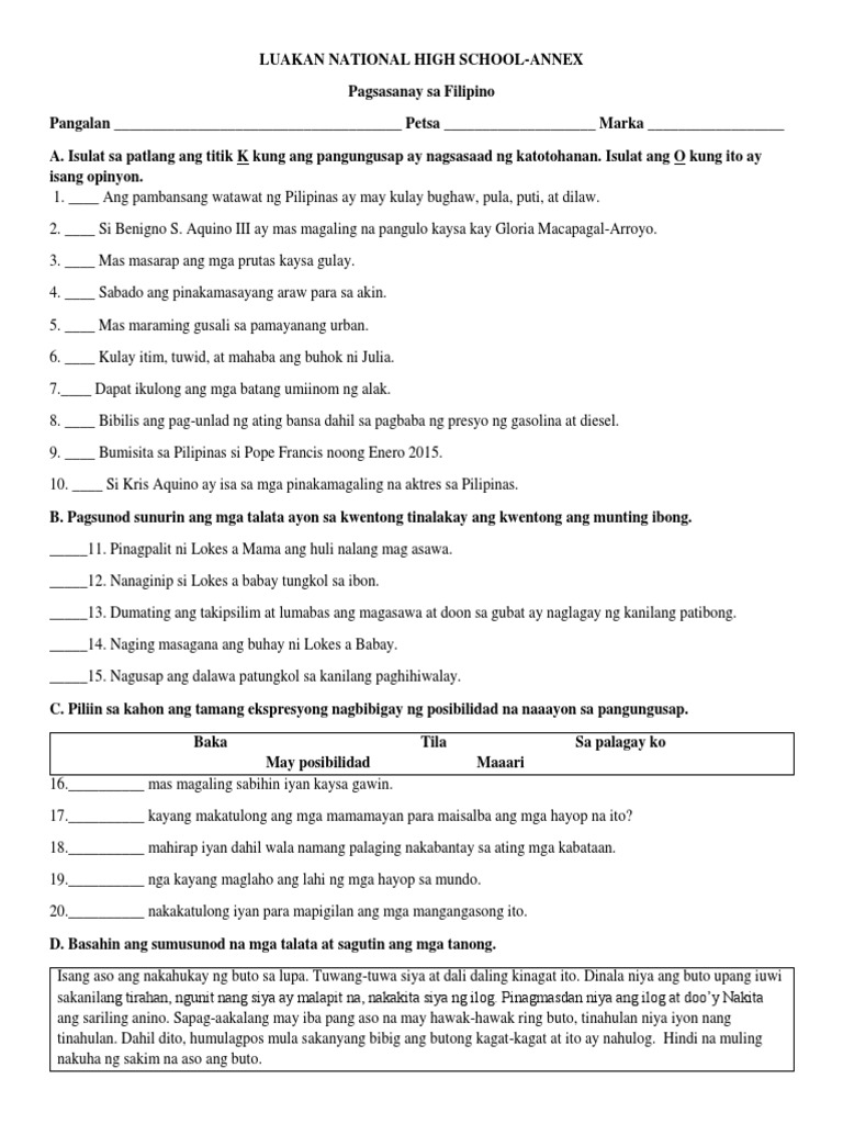 1st Long Quiz Filipino 7 | PDF