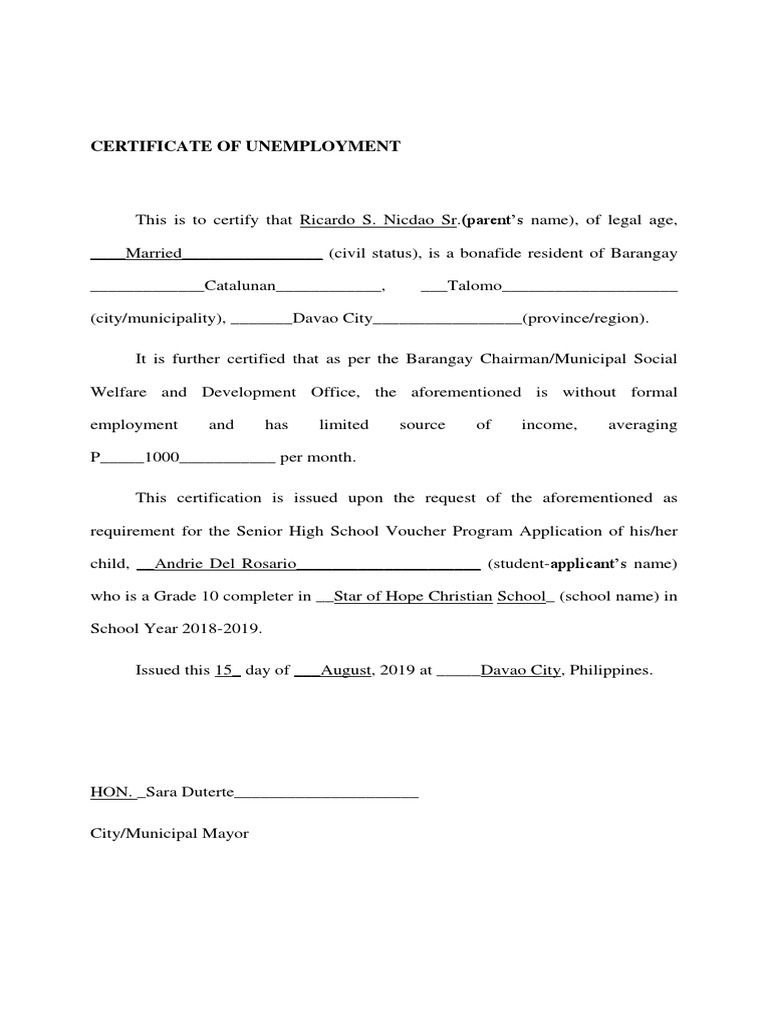 Template Municipal Certification of Unemployment | PDF
