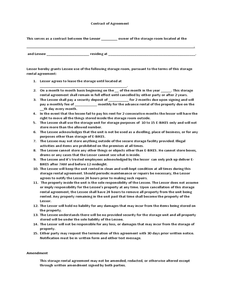 Contract of Agreement Storage Facility 2019 Blank | PDF | Lease | Renting