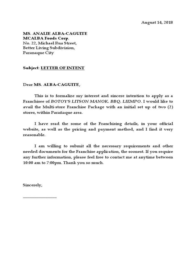 Letter of Intent for Franchise Application | PDF | Business | Finance ...