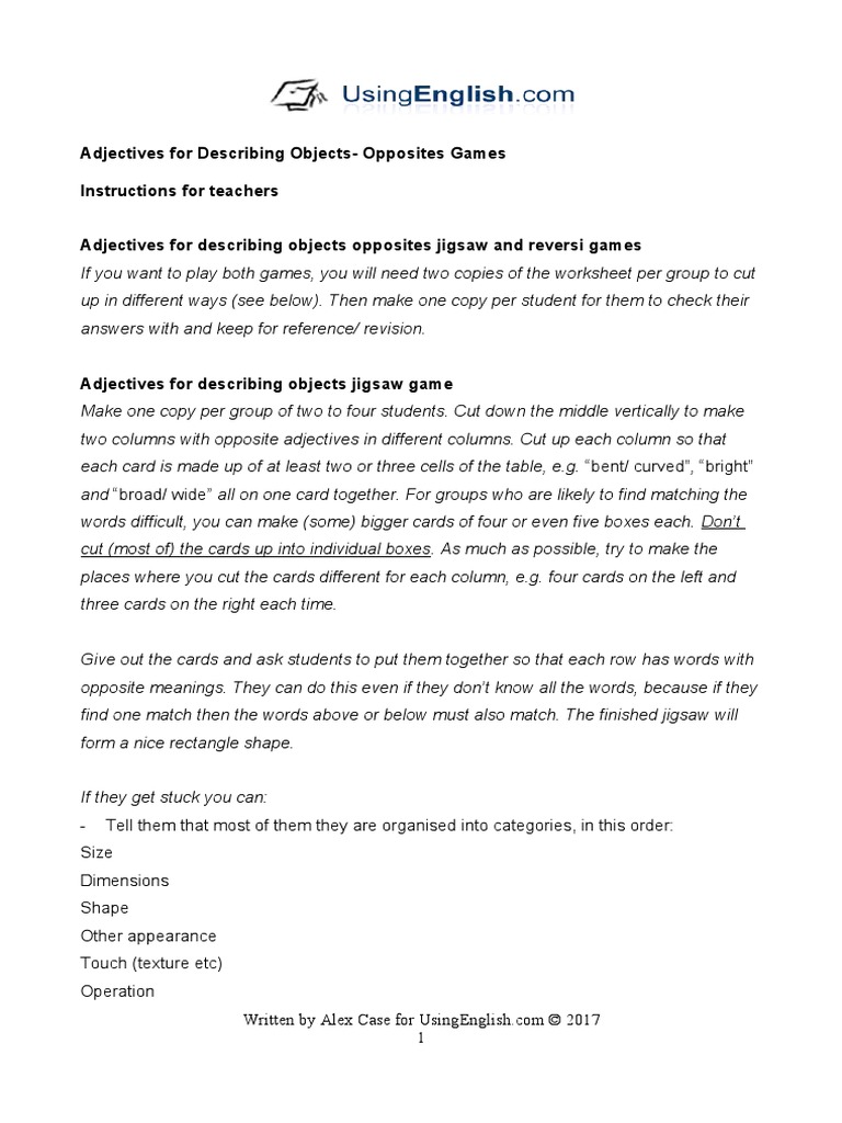 Adjectives For Describing Objects Opposites Games | PDF | Shape | Nature