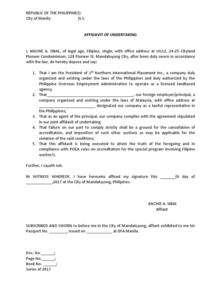 Affidavit of Undertaking Sample Philippines | PDF