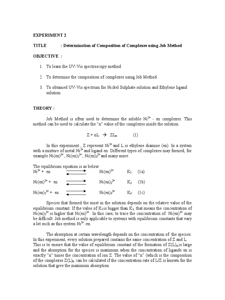 Determination of Composition of Complexes Using Jobs Method (1) No ...