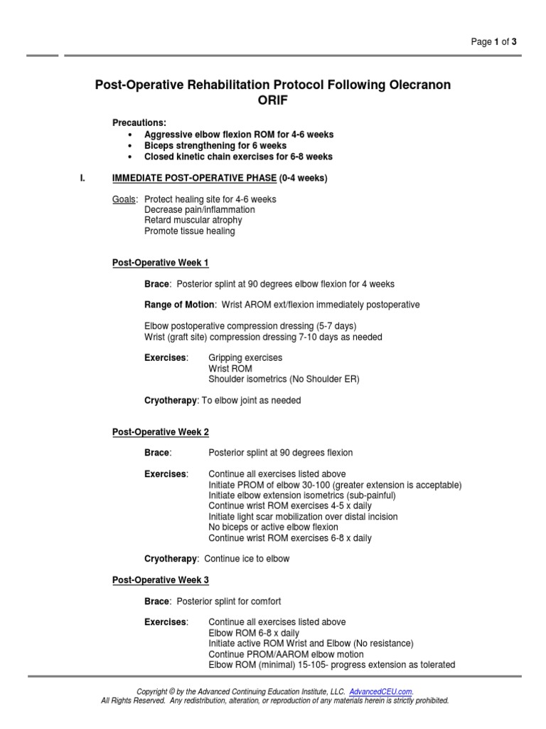 Post-Operative Rehabilitation Protocol Following Olecranon Orif | PDF ...
