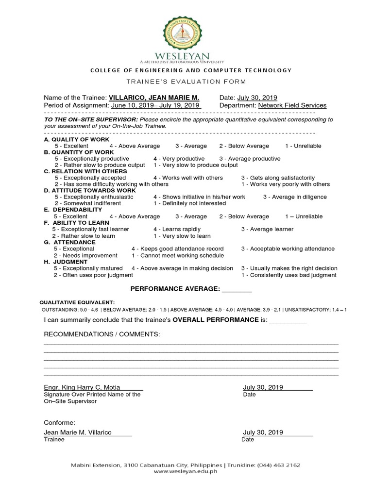 E. OJT Evaluation Form | PDF | Applied Psychology | Learning