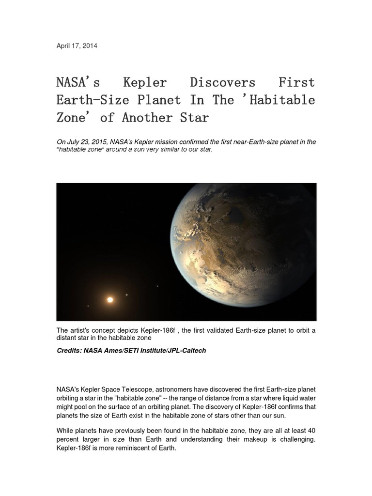 NASA's Kepler Discovers First Earth-Size Planet in The 'Habitable Zone ...