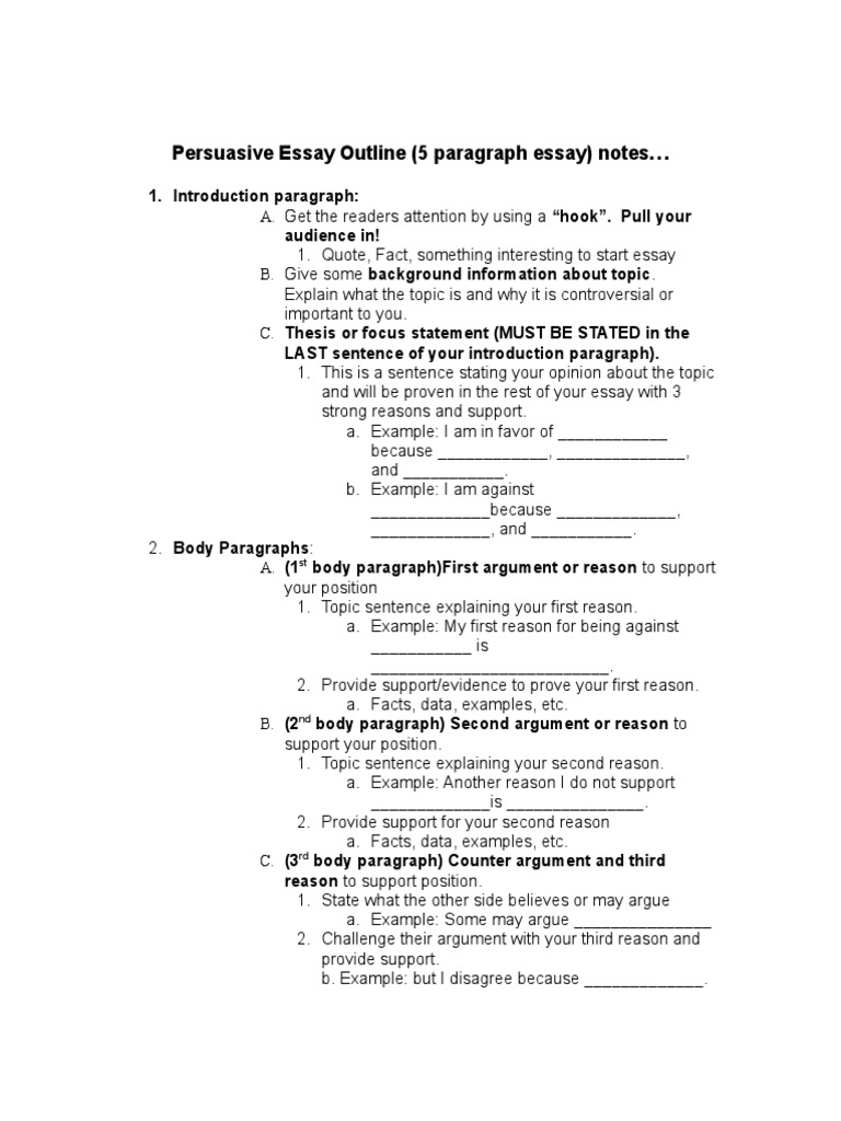 Persuasive Essay Outline (5 Paragraph Essay) Notes | PDF | Essays ...