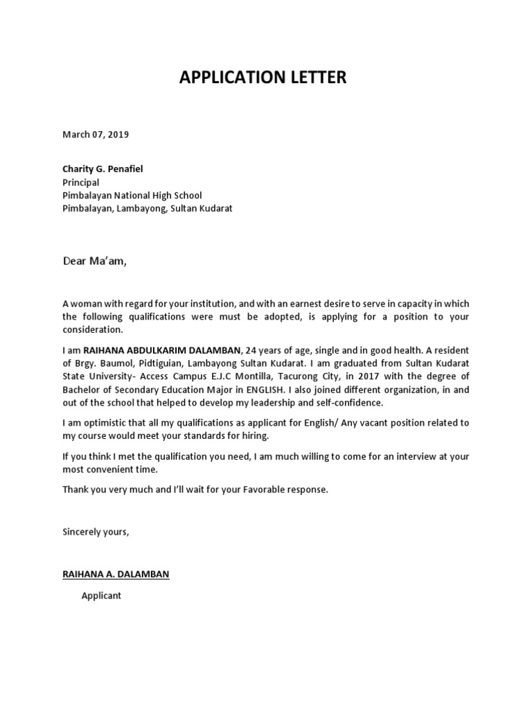 Application Letter: Dear Ma'am | PDF | Educational Stages | Academia