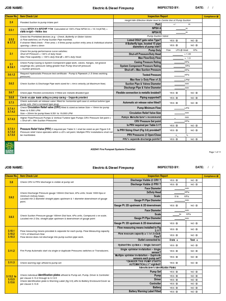 Fire Pump Inspection Checklist AS2941 | PDF | Pump | Valve