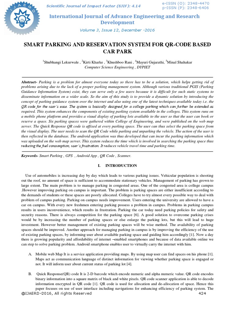 Smart Parking and Reservation System For Qr-Code Based Car Park | PDF ...