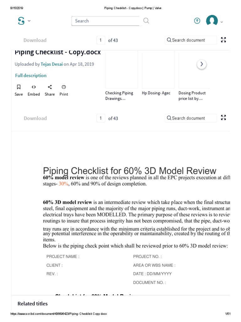 Piping Checklist For 60% 3D Model Review | Download Free PDF | Nature