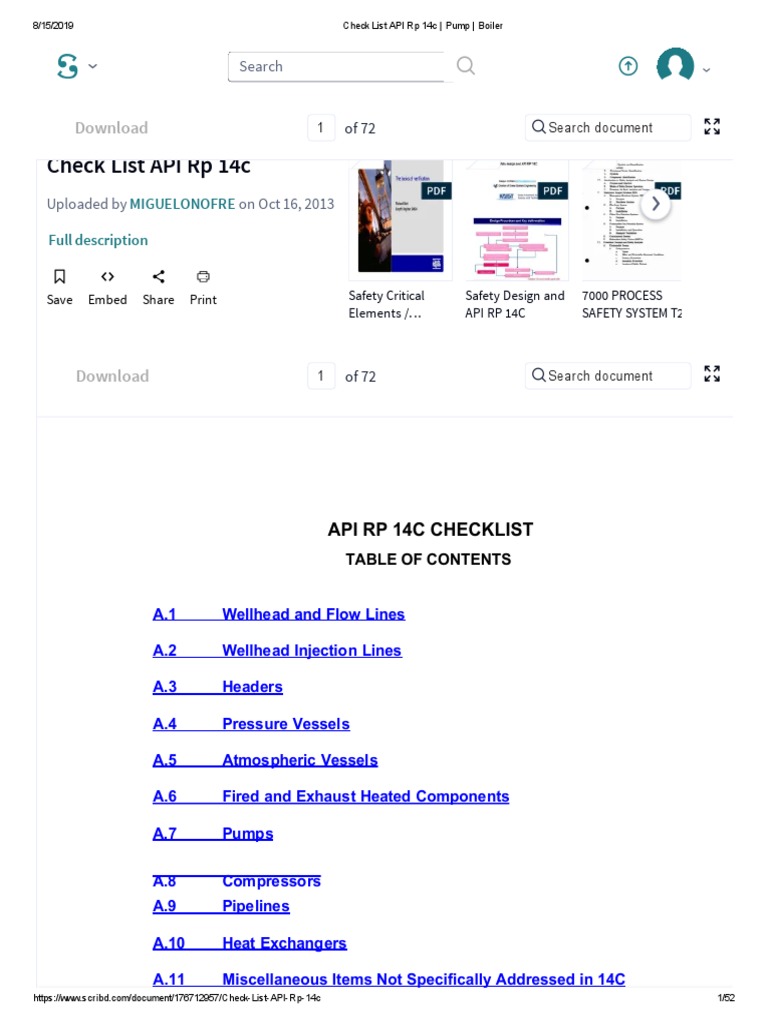 Check List API RP 14c: Download | PDF | Boiler | Pump