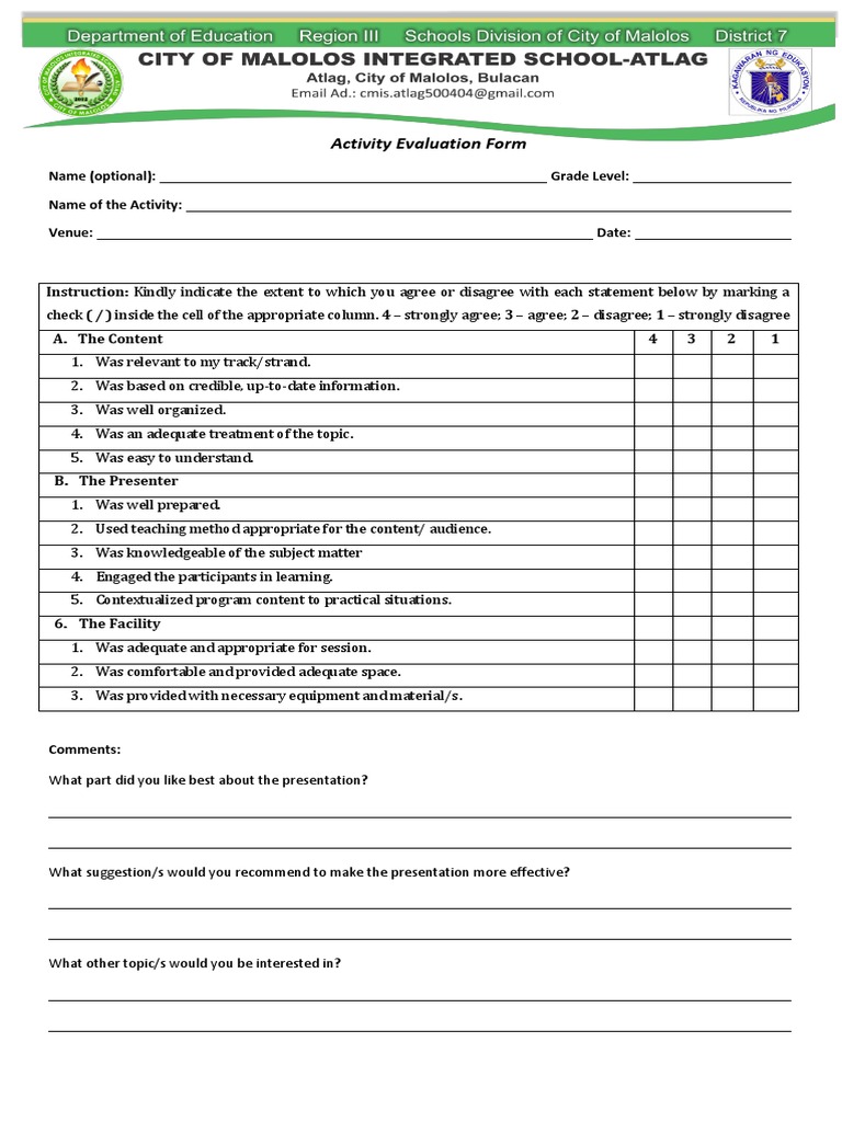 Activity Evaluation Form: Name (Optional) : Grade Level: Name of The ...