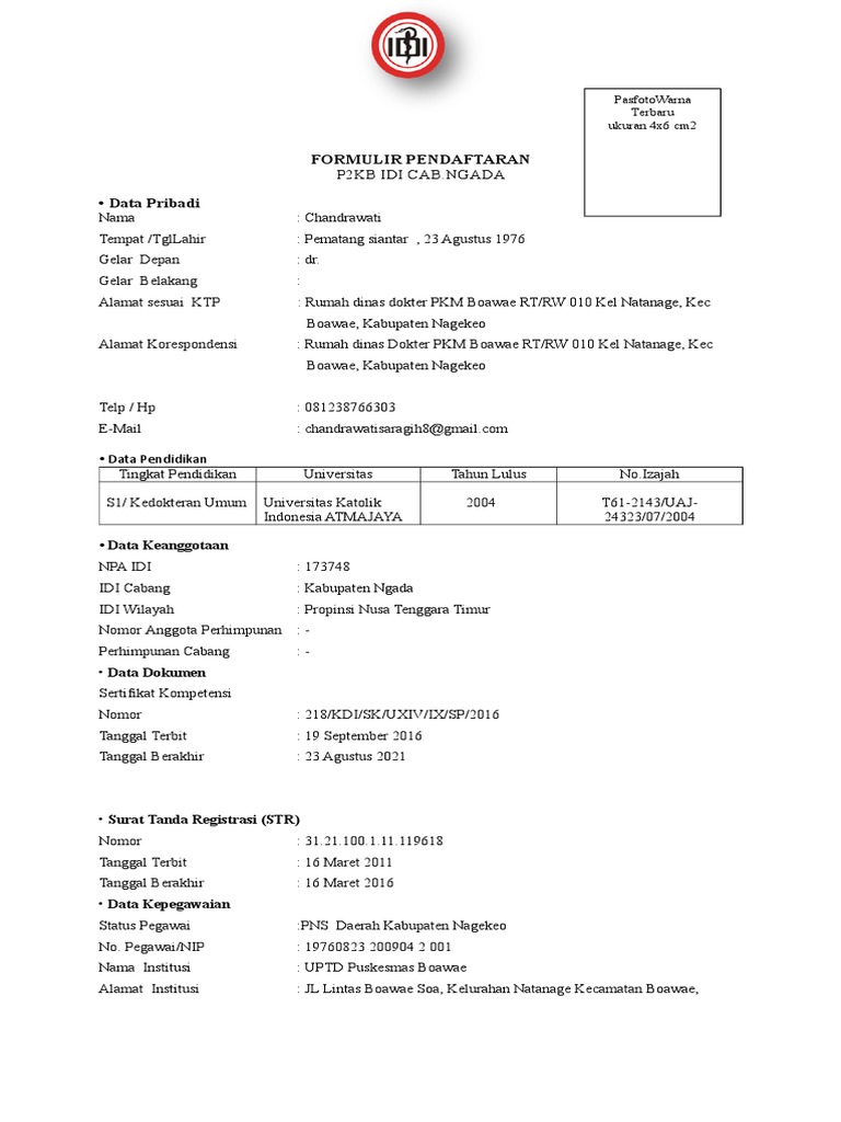 Formulir Pendaftaran IDI Ngada | PDF | Pengembangan Diri | Kesehatan Holistik