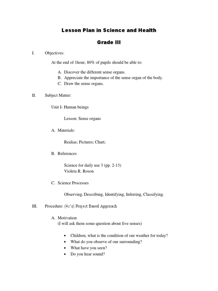 Grade 3 Lesson Plan: Sense Organs | PDF | Senses | Taste