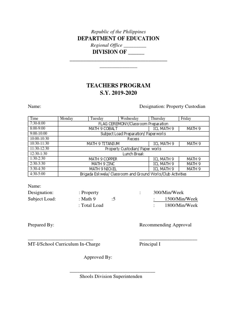 Teacher's Weekly Schedule | PDF