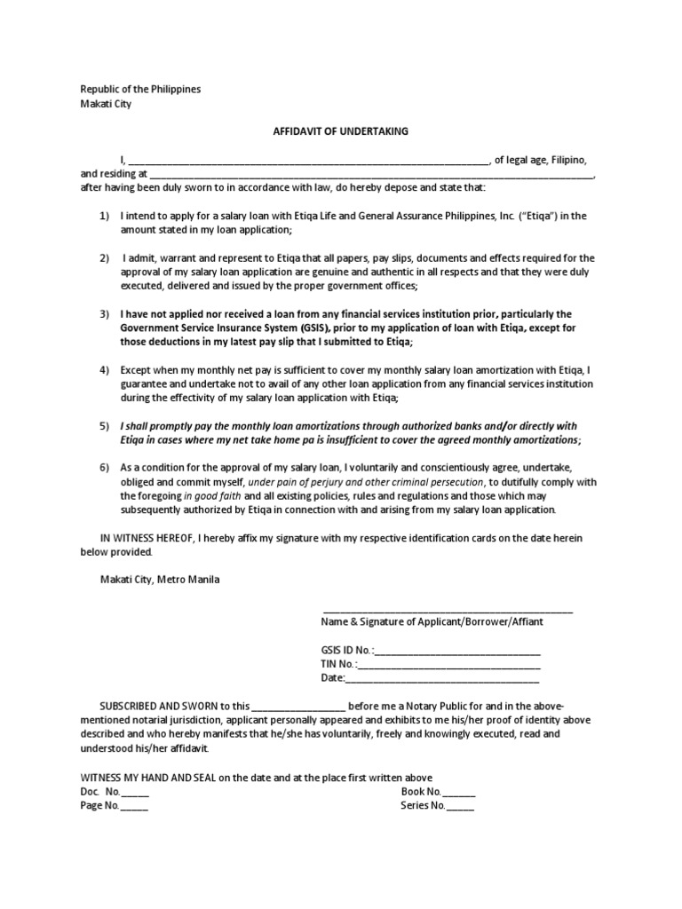 Etiqa Deped Affidavit of Undertaking | PDF | Affidavit | Loans