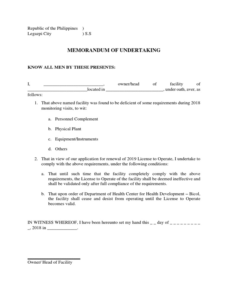 MEMORANDUM OF UNDERTAKING Final | PDF | Notary Public | Civil Law ...