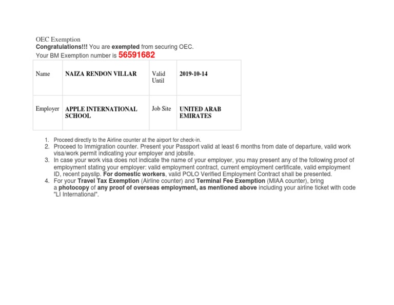 OEC Exemption Confirmation for Naiza Villar | PDF