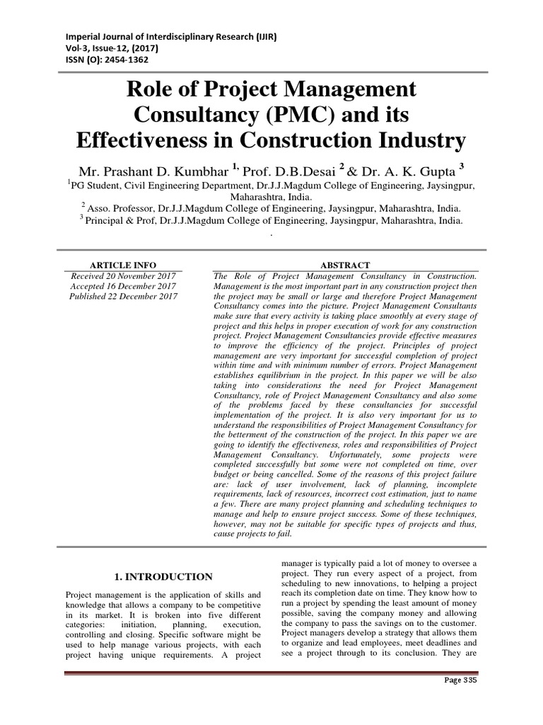Role of Project Management Consultancy (PMC) and Its Effectiveness in ...