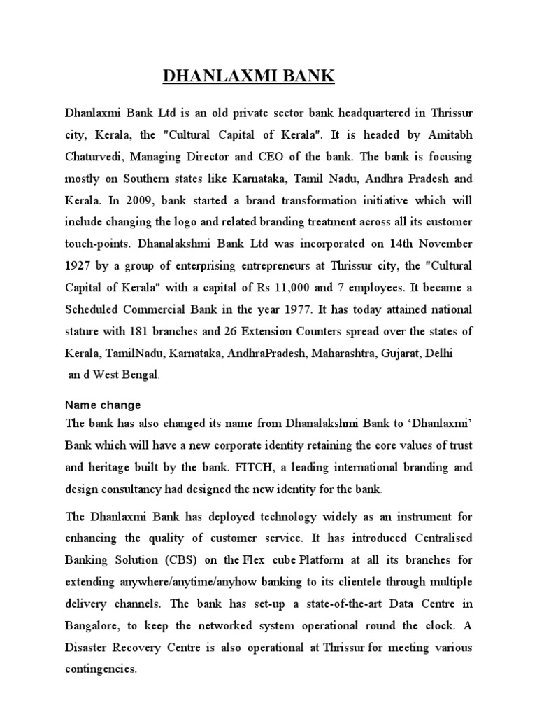 Dhanlaxmi Bank: Name Change | PDF | Reserve Bank Of India | Banking