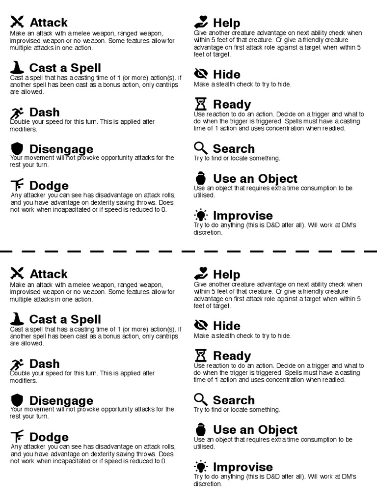 D&D 5E Combat Actions Cheat Sheet | PDF | Gaming | Leisure