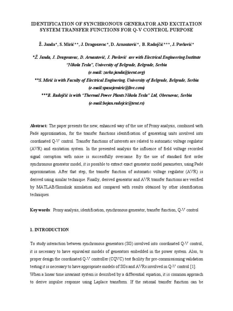 Identification Of Synchronous Generator And Excitation System Transfer Functions For Q V Control