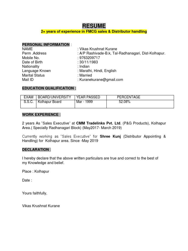 Resume: 2+ Years of Experience in FMCG Sales & Distributor Handling | PDF