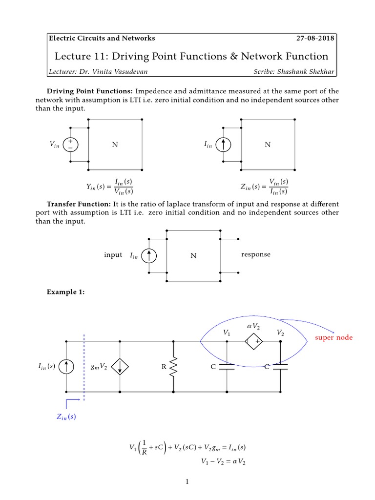 Lecture 11: Driving Point Functions & Network Function: Lecturer: Dr. Vinita Vasudevan Scribe ...