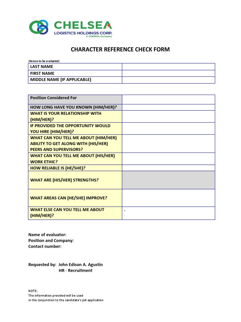 Character Reference Form
